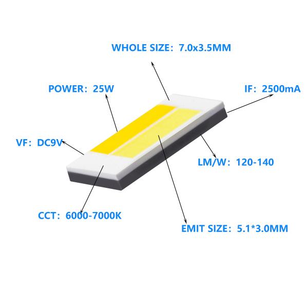 New product 25W 7035 6000-7000K Car Light Led COB Chip 7.0x3.5MM